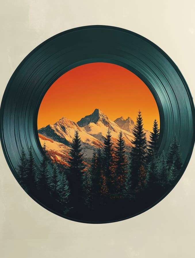 Creative Vinyl Record Design Featuring Pine Trees and Snowy Mountains ...
