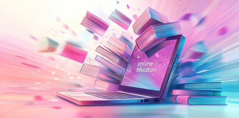 Digital Learning Concept Illustrated with Books Coming Out of a ...