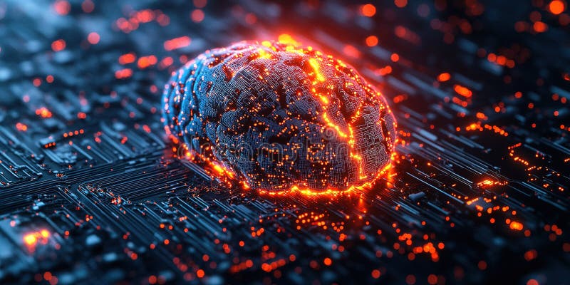 Creative Visualization of a Glowing Brain on a Circuit Board with Neon Lights at Night Stock ...