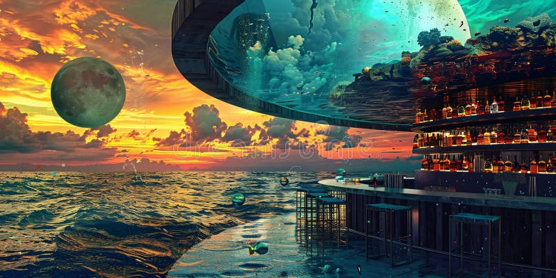 Surreal Oceanfront Bar Under a Giant Moon Stock Photo - Image of ...