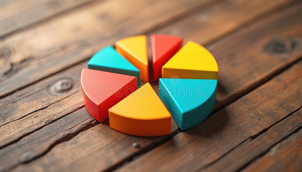 Creative Visualization of Pie Chart on Wooden Background. Red, Yellow ...