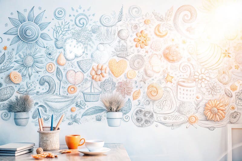 Creative Wall Decor, Coffee Table, Work Space, Sunlit Room Stock ...