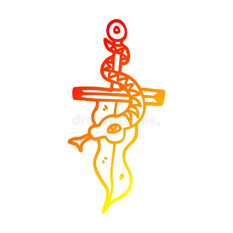 A Creative Warm Gradient Line Drawing Cartoon Dagger and Snake Tattoo ...