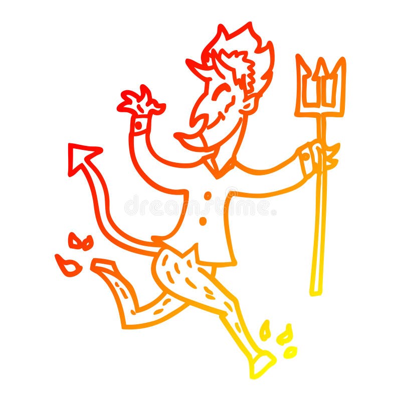 A Creative Warm Gradient Line Drawing Cartoon Devil with Pitchfork ...