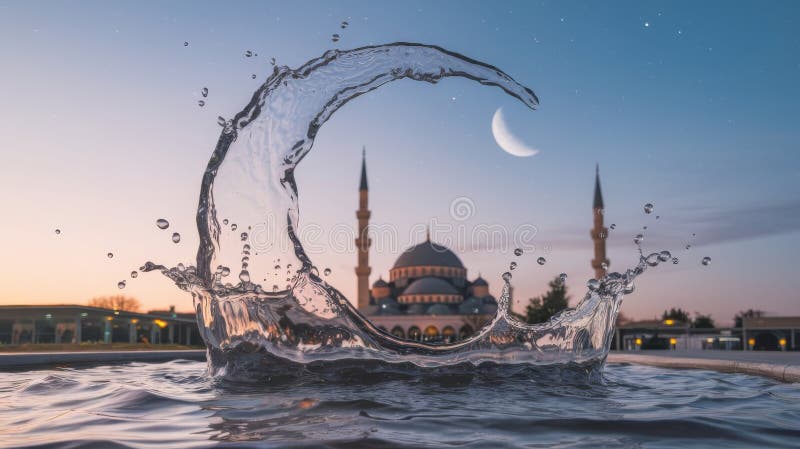 Creative Water Splash Art of Moon and Mosque for Ramadan Kareem and Eid ...