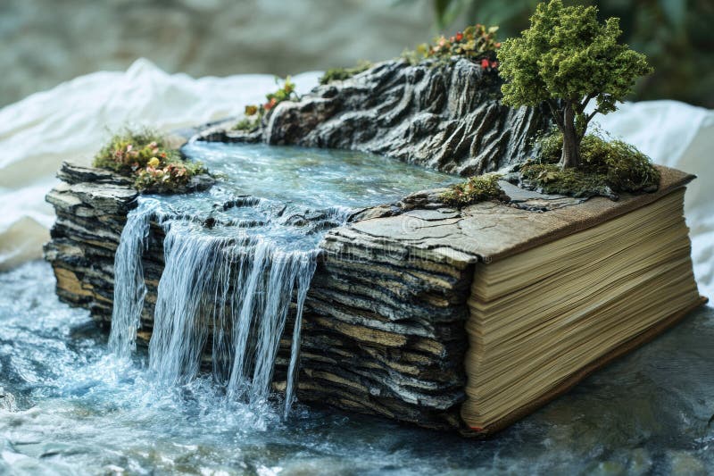 Creative Waterfall Cascades from Book Pages Forming Cliffs and Nature ...