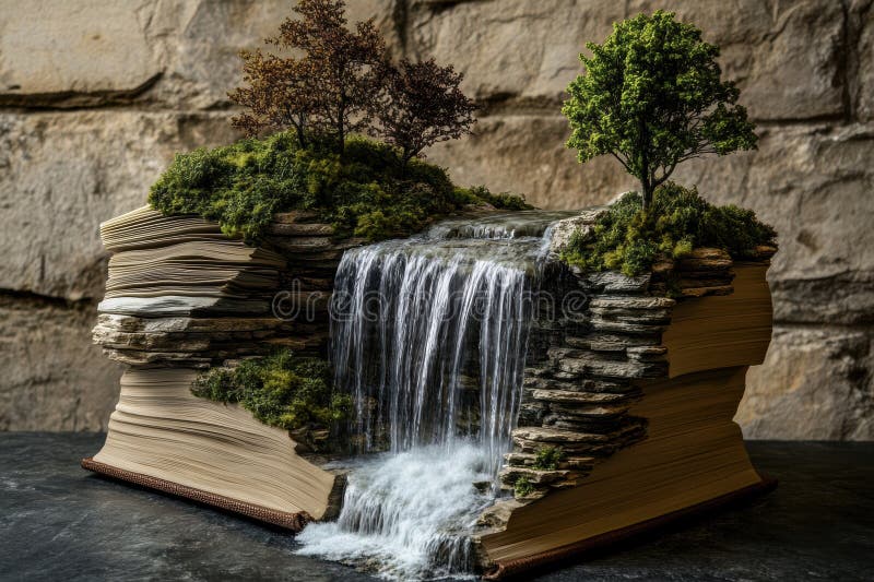 Creative Waterfall Cascading from a Book with Cliffs and Lush Trees ...