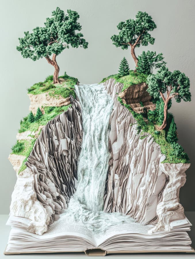 Creative Waterfall Cascading from a Book with Natural Elements Blending ...