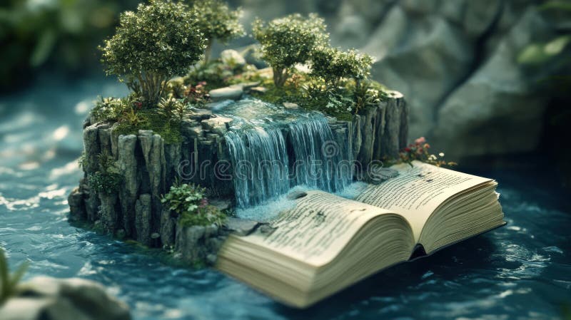 Creative Waterfall Emerges from an Open Book with Cliffs and Trees ...