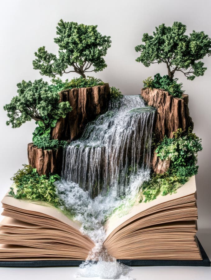 Creative Waterfall Emerging from an Open Book, Showcasing Nature and ...