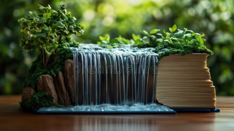 Creative Waterfall Flowing from a Book with Cliff-Like Pages and Lush ...