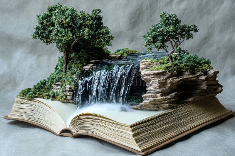 Creative Waterfall Flowing from a Book with Nature Details Showcasing ...