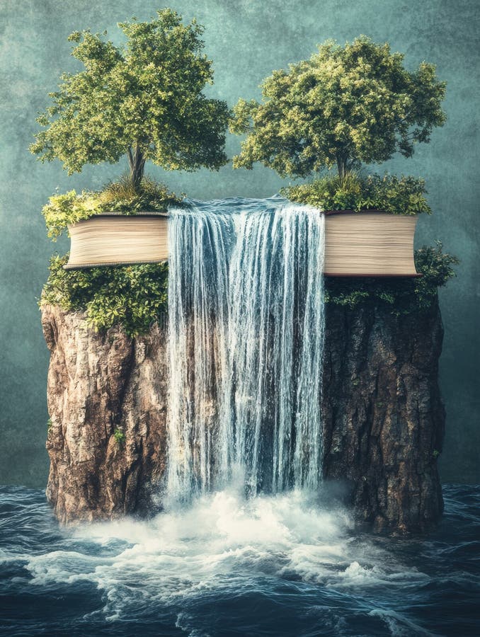 Creative Waterfall Flowing from a Book with Pages As Cliffs and Trees ...