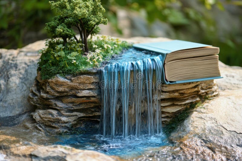 Creative Waterfall Flowing from a Book with Pages Forming Cliffs and ...
