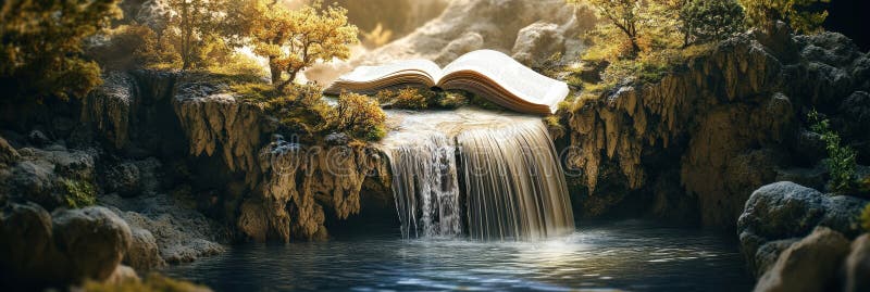 Creative Waterfall Flows from a Book with Pages As Cliffs and Trees ...