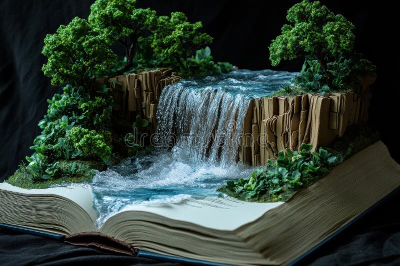 Creative Waterfall Flows from a Book with Vibrant Trees and Cliffs Made ...