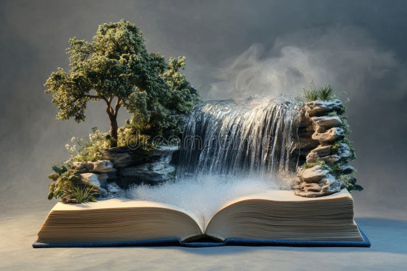 Creative Waterfall Flows from an Open Book Illustrating Natures ...