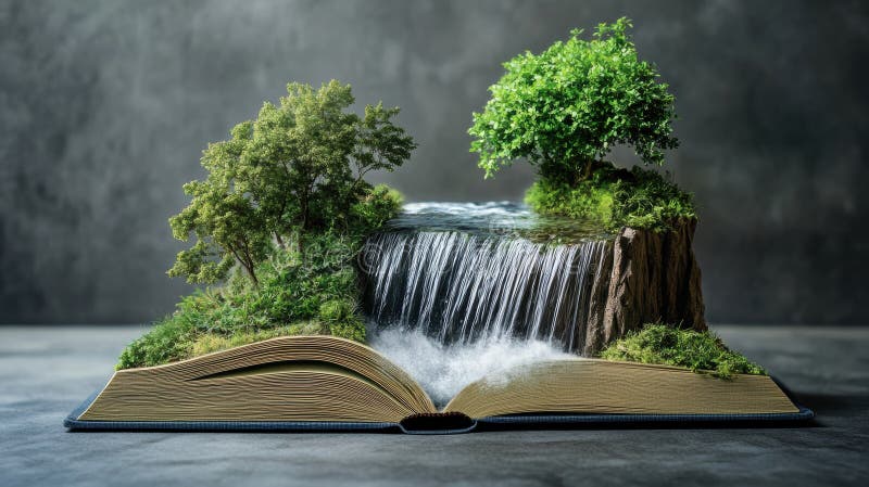 Creative Waterfall Flows from an Open Book with Natural Elements Like ...