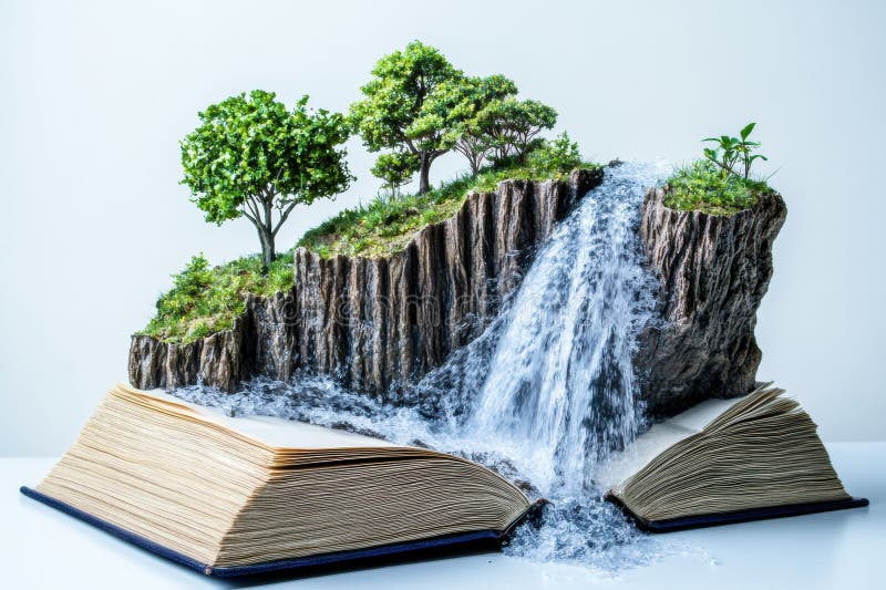 Creative Waterfall Flows from an Open Book with Pages Forming Cliffs ...