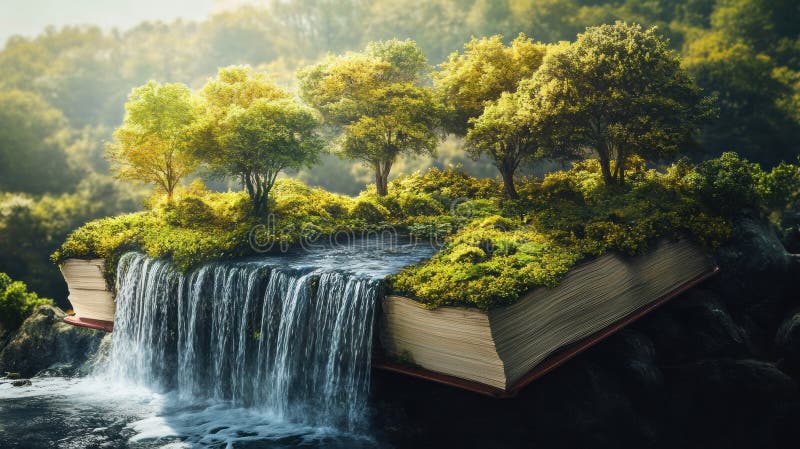 Creative Waterfall Flows from an Open Book with Pages Resembling Cliffs ...