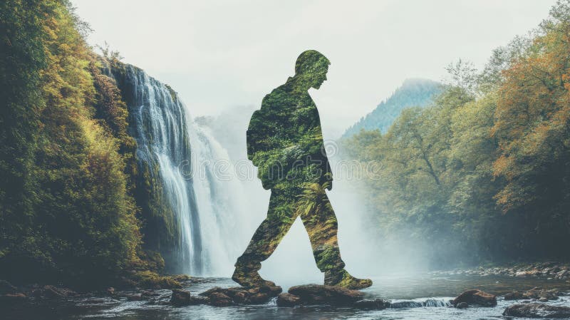 Creative Waterfall Illustration Featuring a Human Figure Walking ...