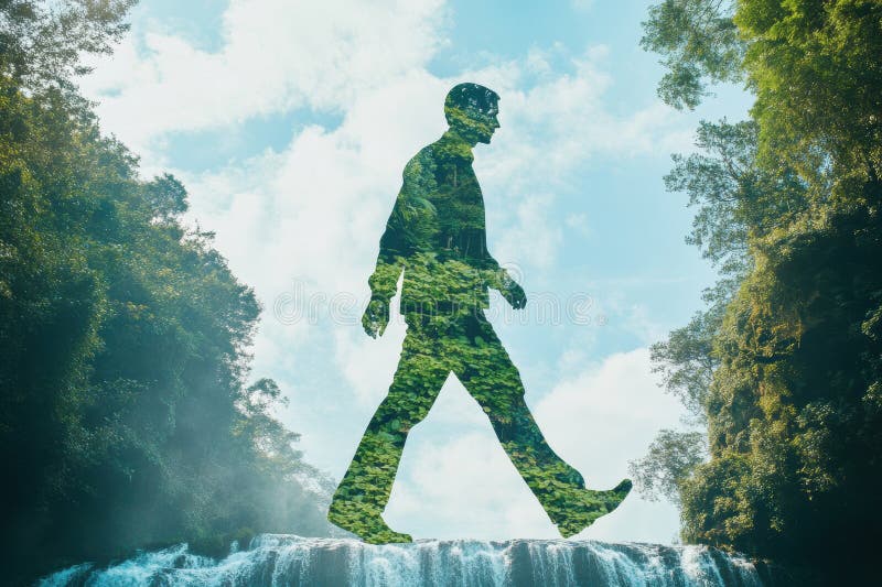 Creative Waterfall Illustration of a Human Figure Walking through a ...
