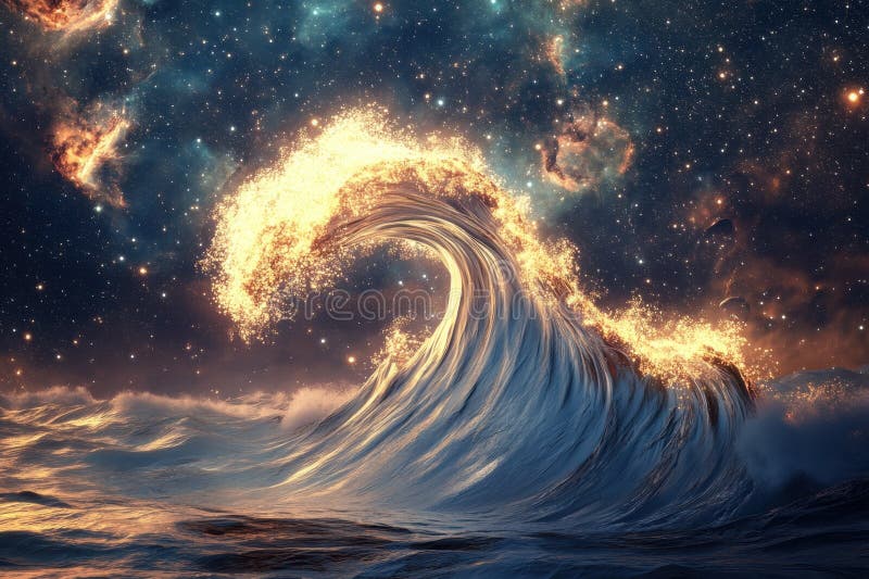 Creative Wave Design Blends Ocean and Cosmic Elements at Twilight Stock ...
