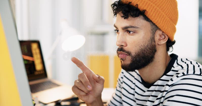 Creative, Web Designer and Man on Computer Pointing for Software ...