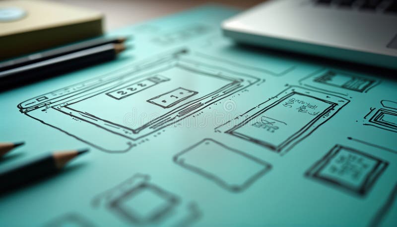 Creative Website Design Sketches on Mint Green Surface. Designer Makes ...