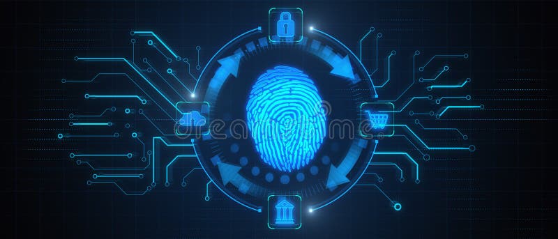 Creative Wide Blue Fingerprint Scanning Interface on Dark Background ...