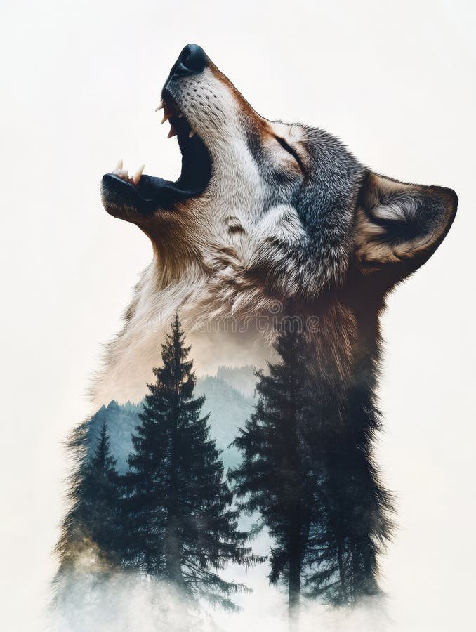 Creative Wolf Howling with Body Composed of Forest and Mountain Textures in a Mystical Nature ...