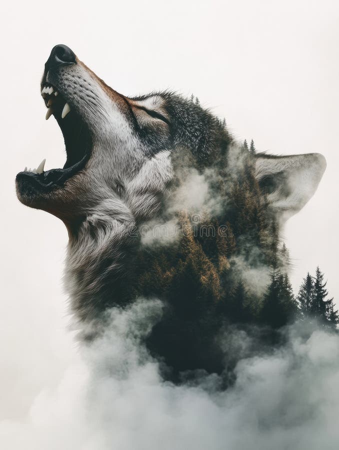 Creative Wolf Howling with Forest and Mountain Textures Captured in a ...