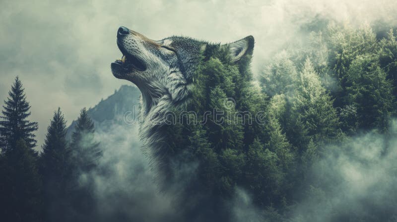 Creative Wolf Howling with Forest and Mountain Textures Showcasing ...