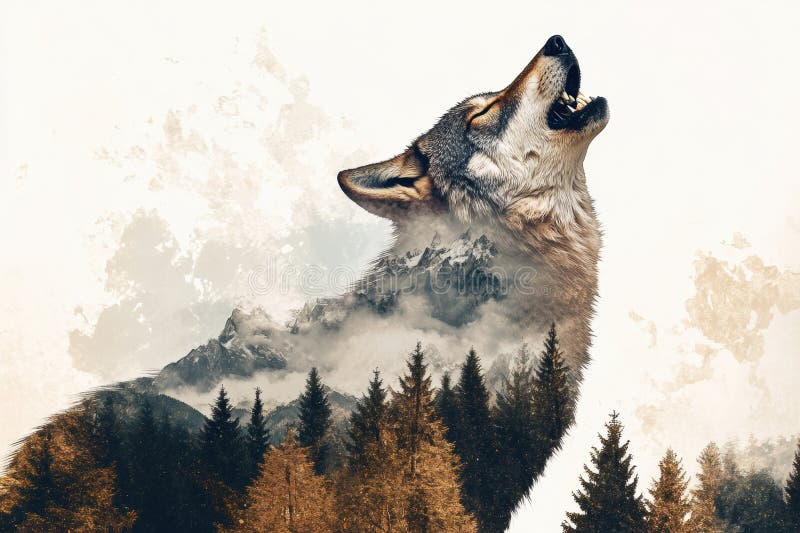 Creative Wolf Howling with Textures of Forest and Mountains in a ...