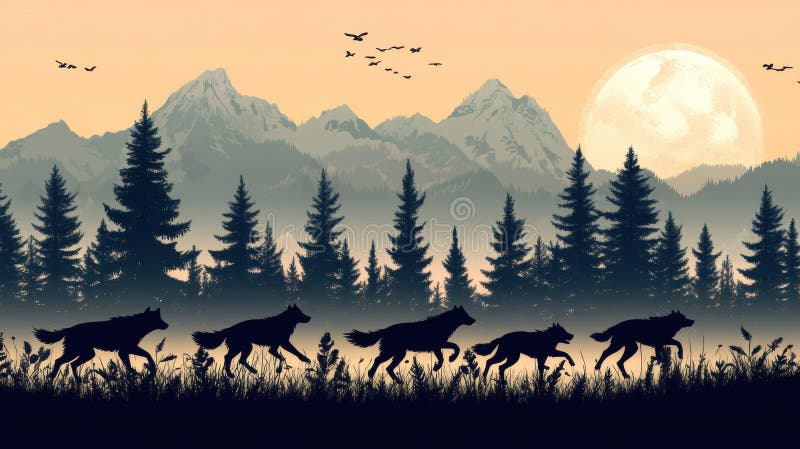 Creative Wolf Pack Races through a Field of Pine Silhouettes Under ...