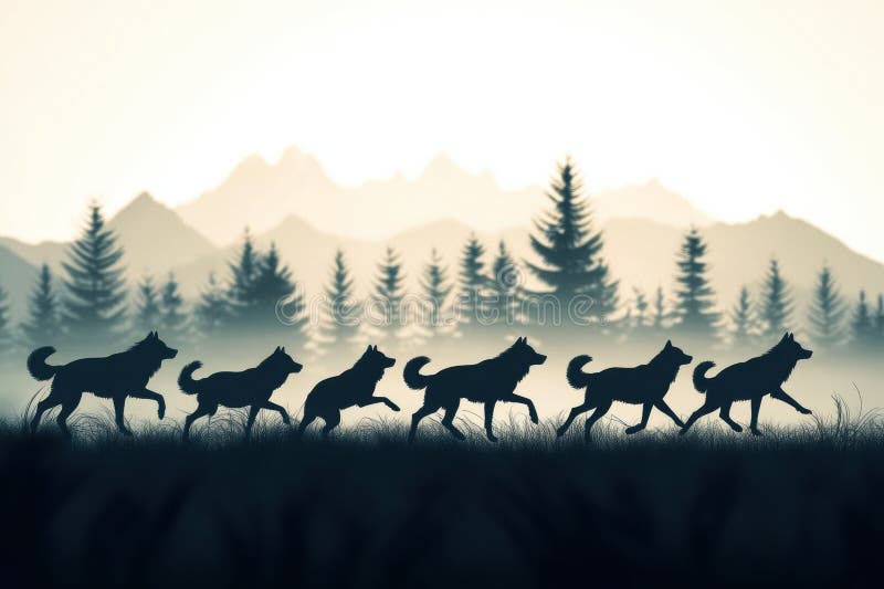 Creative Wolf Pack Runs Across a Field of Pine Silhouettes and Mountain ...