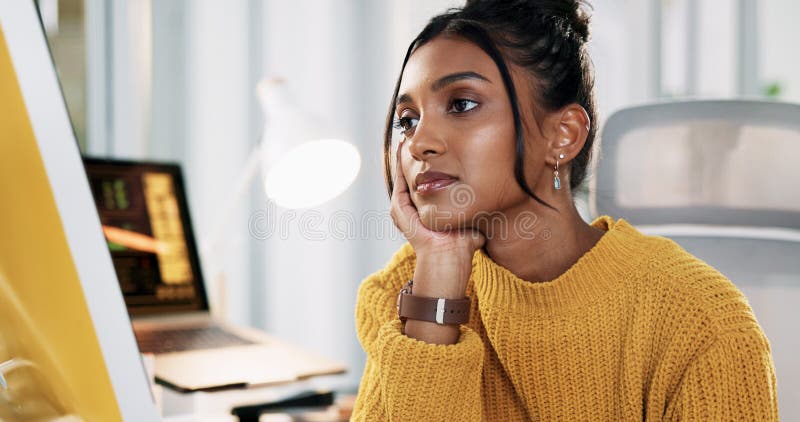 Creative, Woman and Bored with Computer in Office for Software Design ...