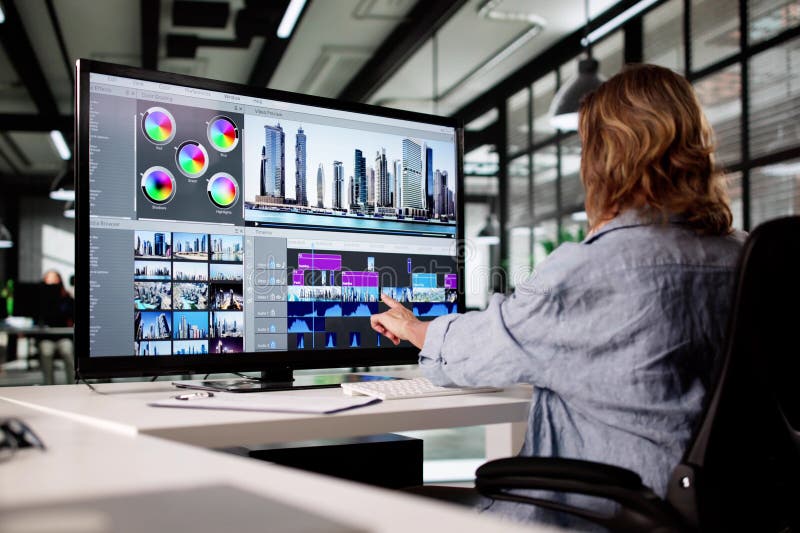 Creative Woman Edits Video Production and PC Picture Stock Image ...