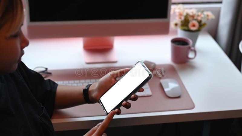 Creative Woman Sitting at Er Workplace and Using Mobile Phone. Stock ...