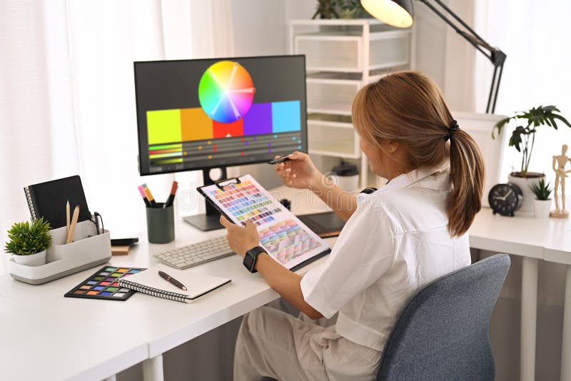 Creative Woman Working with Color Palette, Choosing Color Samples for ...