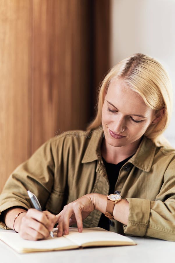 Creative, Woman and Writing Notes in Journal with Planning of Schedule ...