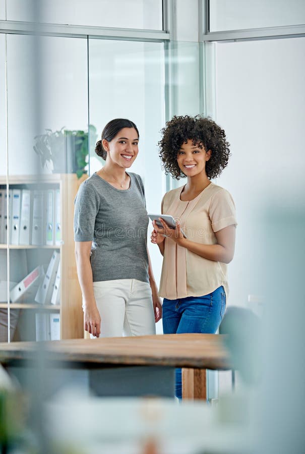 Creative Women, Teamwork and Tablet with Office Portrait for Digital ...