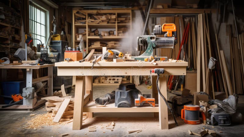 Creative wood shop table stock illustration. Illustration of wood ...