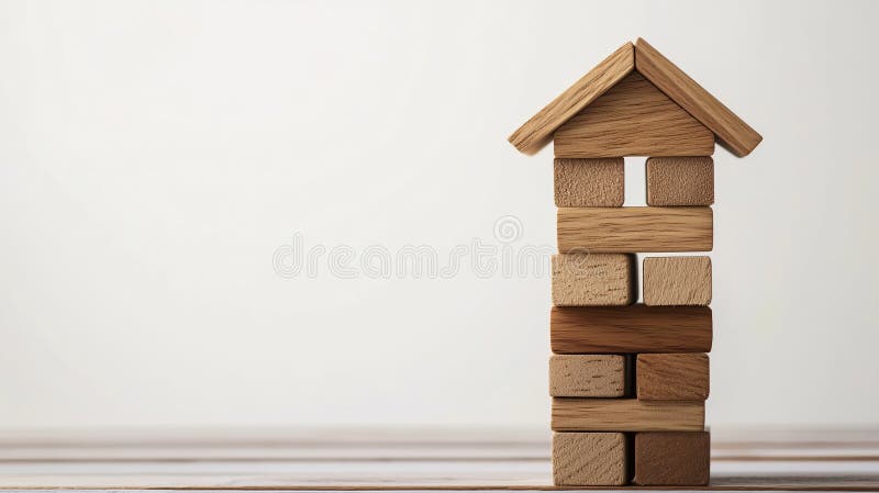 Creative Wooden Block Structure Resembling a House Stacked on a Wooden ...