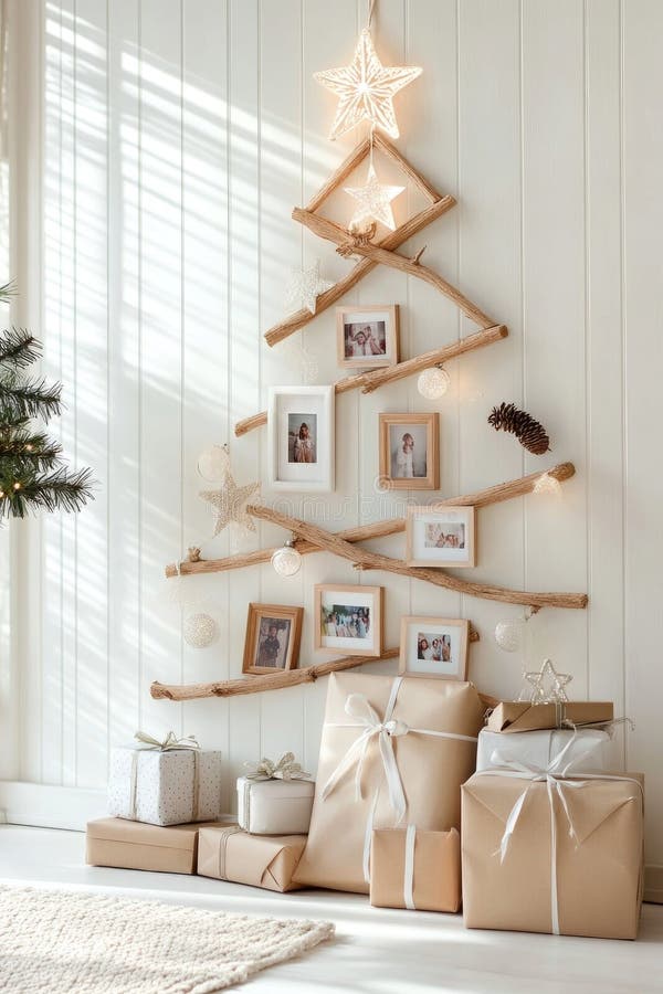 Creative Wooden Christmas Tree with Wrapped Presents and Star Decorations on White Wall Stock ...
