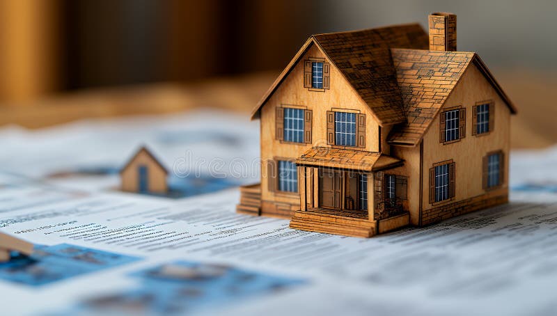 Creative Wooden House Model on Printed Planning Documents for Projects ...