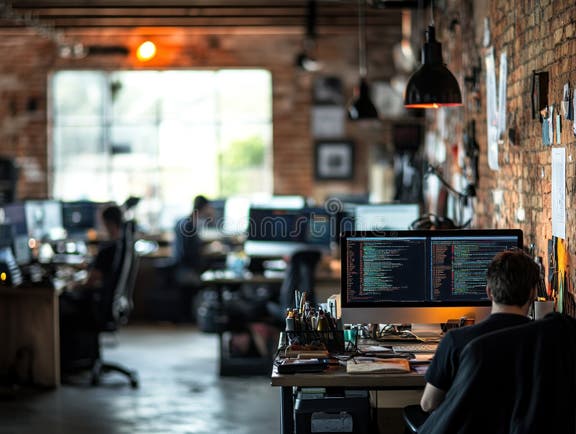 Creative Work Space, Programmers Coding, Industrial Loft Office Stock Illustration ...