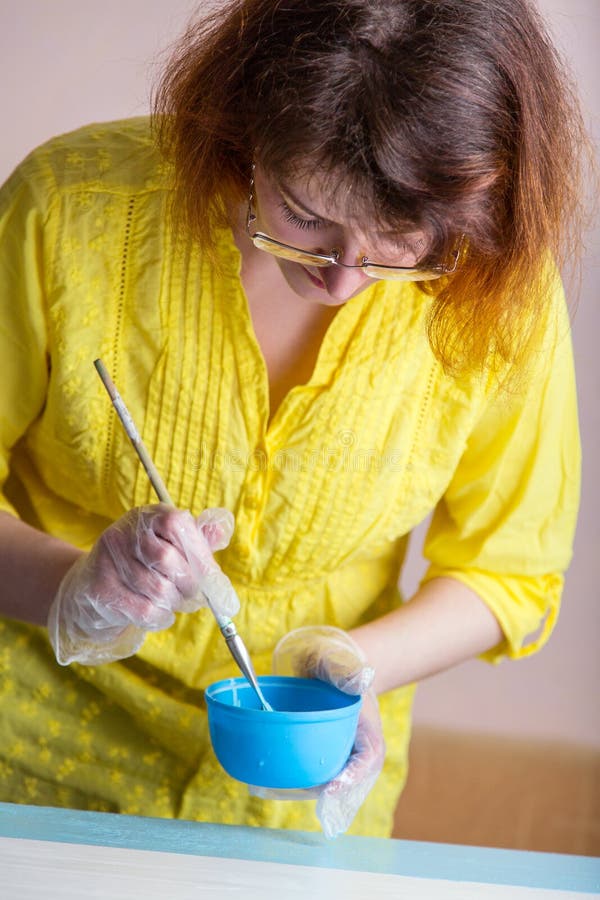 Work on Wood, Woman Paints by Hand Stock Image - Image of aged, design ...