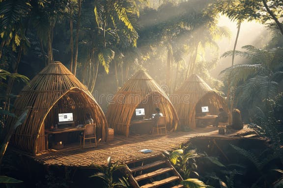 Creative Workers Focus on Projects in Bamboo Huts in a Lush Jungle ...