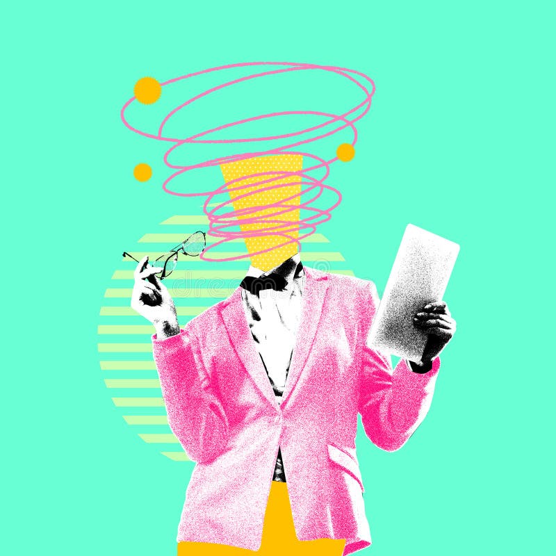 Creative Workflow. Person in Pink Suit with Doodles Over Head Looking ...